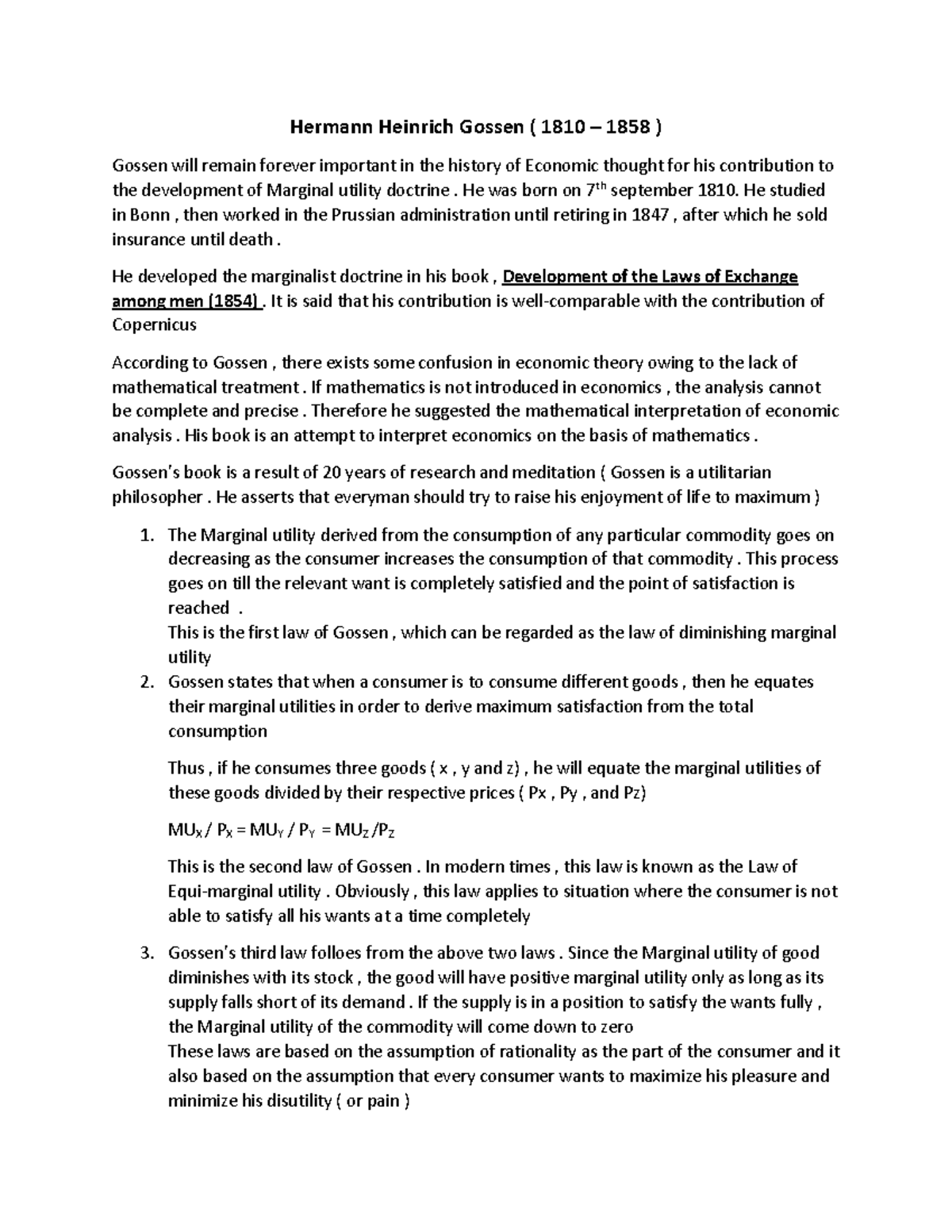 Final Exam Notes: Hermann Heinrich Gossen and Marginal Utility - Studocu