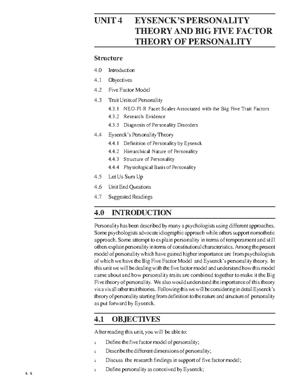 Unit-4 (11) - Counselling - 4 4 Trait and Type Theories of Personality UNIT 4 EYSENCK’S ...