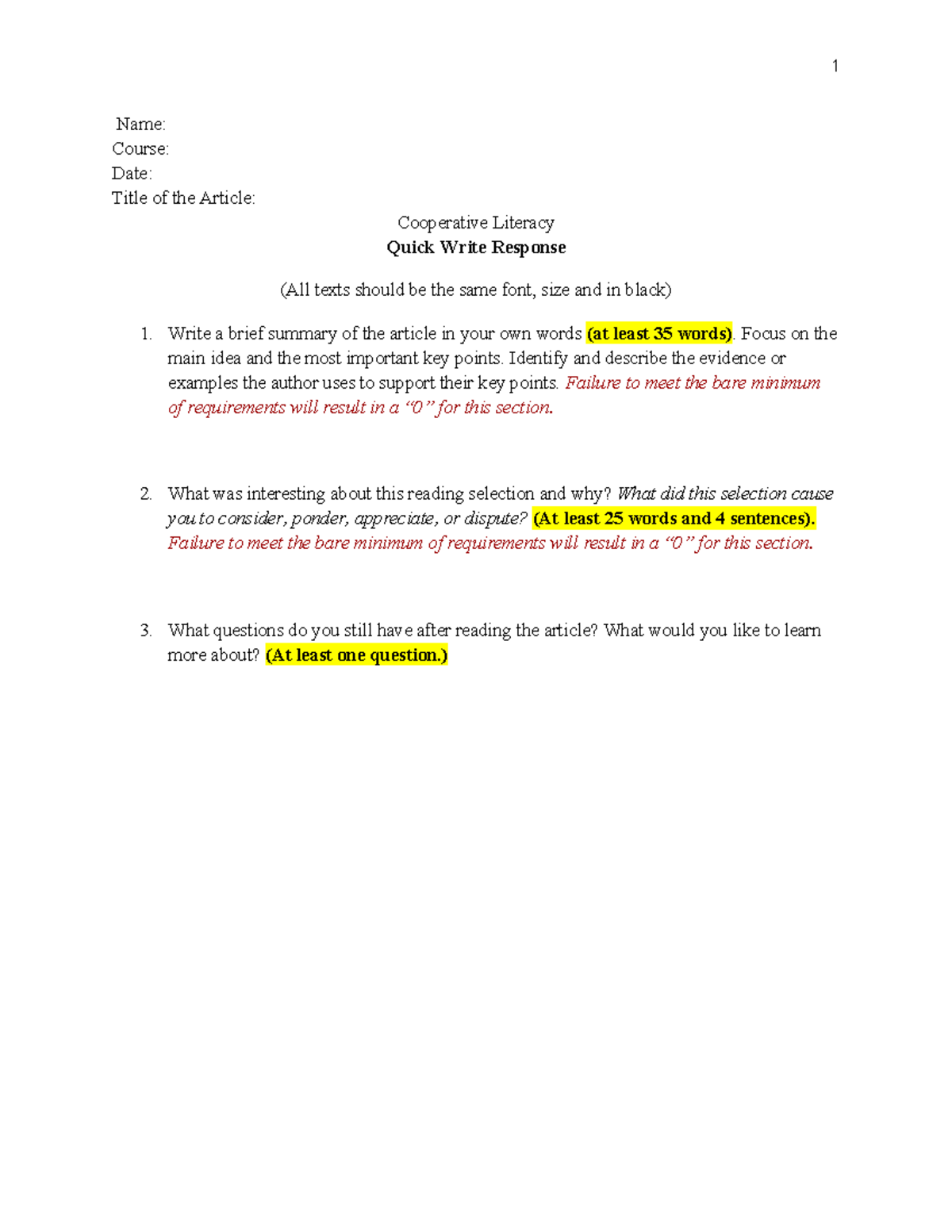Cooperative Literacy Quick Write Response Template - Studocu
