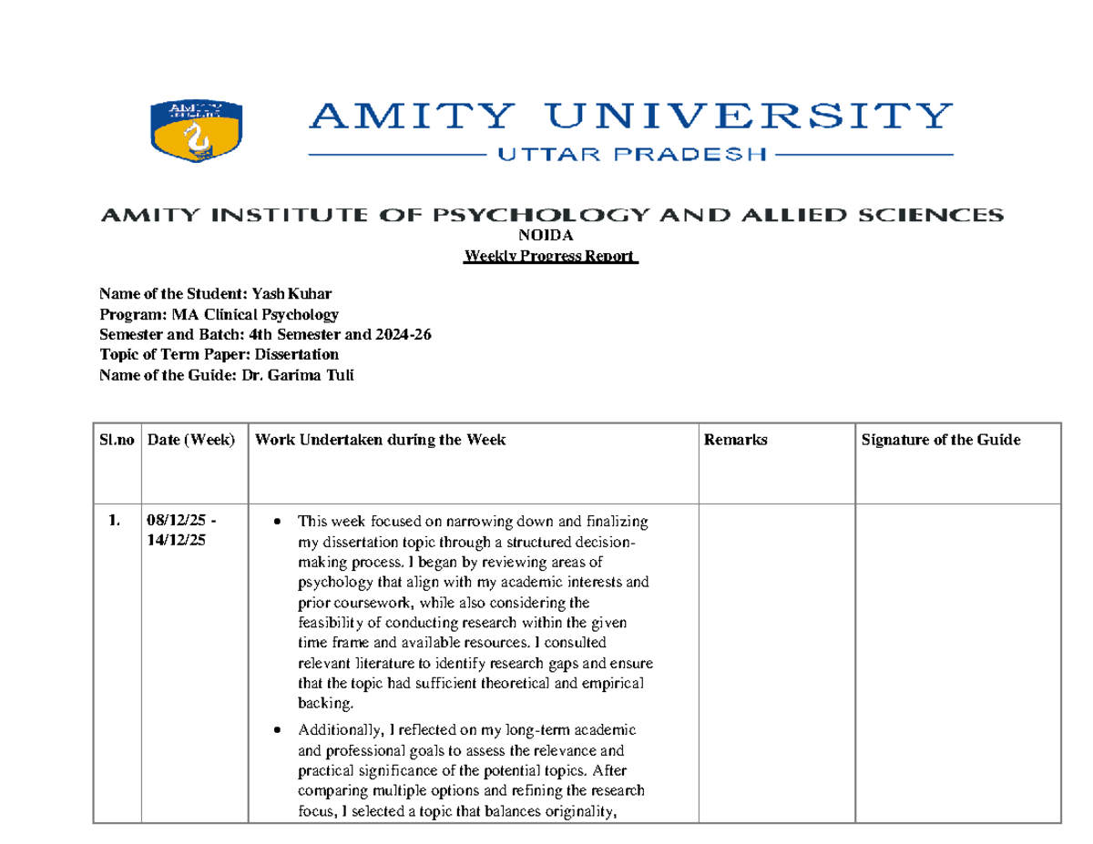 MA Clinical Psychology Dissertation Weekly Progress Report - Week 4 ...