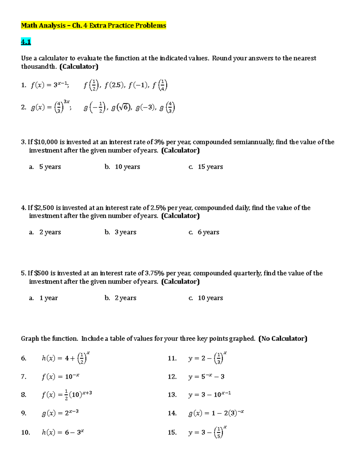 Math Analysis MATH101 Ch. 4 Extra Practice Problems - Studocu