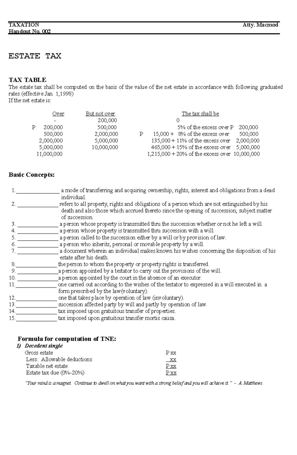 Estate Tax Problems and Computations - TAXATION Atty. Macmod Handout ...