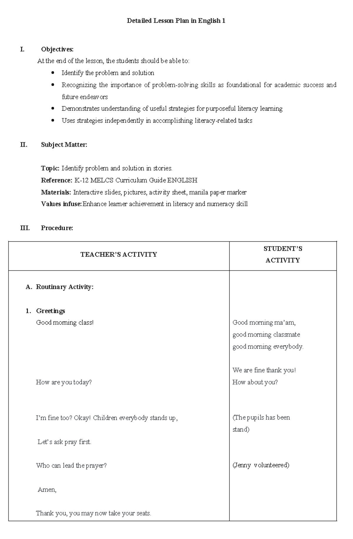 Detailed Lesson Plan for English 1: Problem and Solution Strategies ...