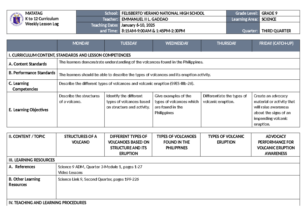 Science 9 Weekly Lesson LOG - MATATAG K to 12 Curriculum Weekly Lesson ...