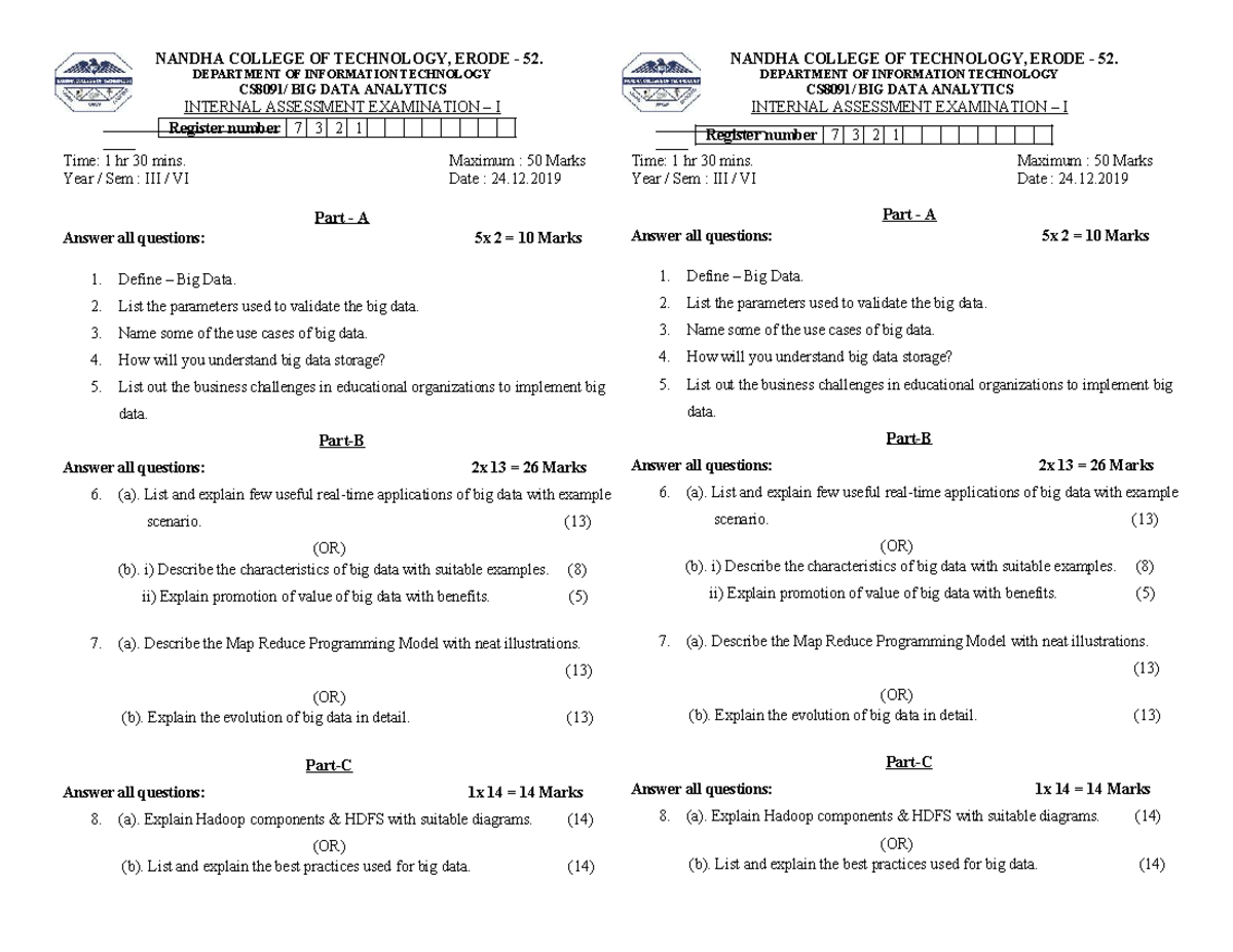 BDA 2020 - Big data analytics internal assessment examination I ...