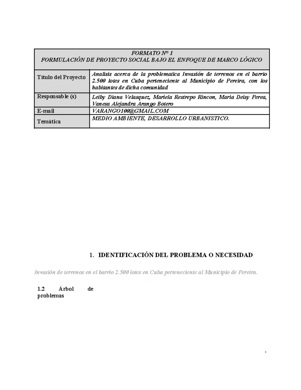 Formato matriz de marco logico - FORMATO N° 1 FORMULACIÓN DE PROYECTO ...