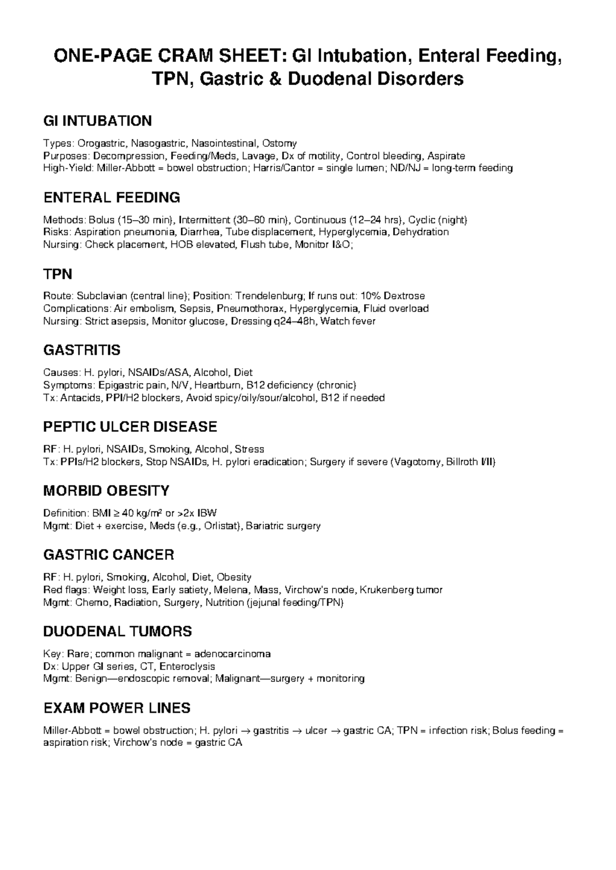 GI Cram Sheet: Intubation, Feeding, and Gastric Disorders Overview ...