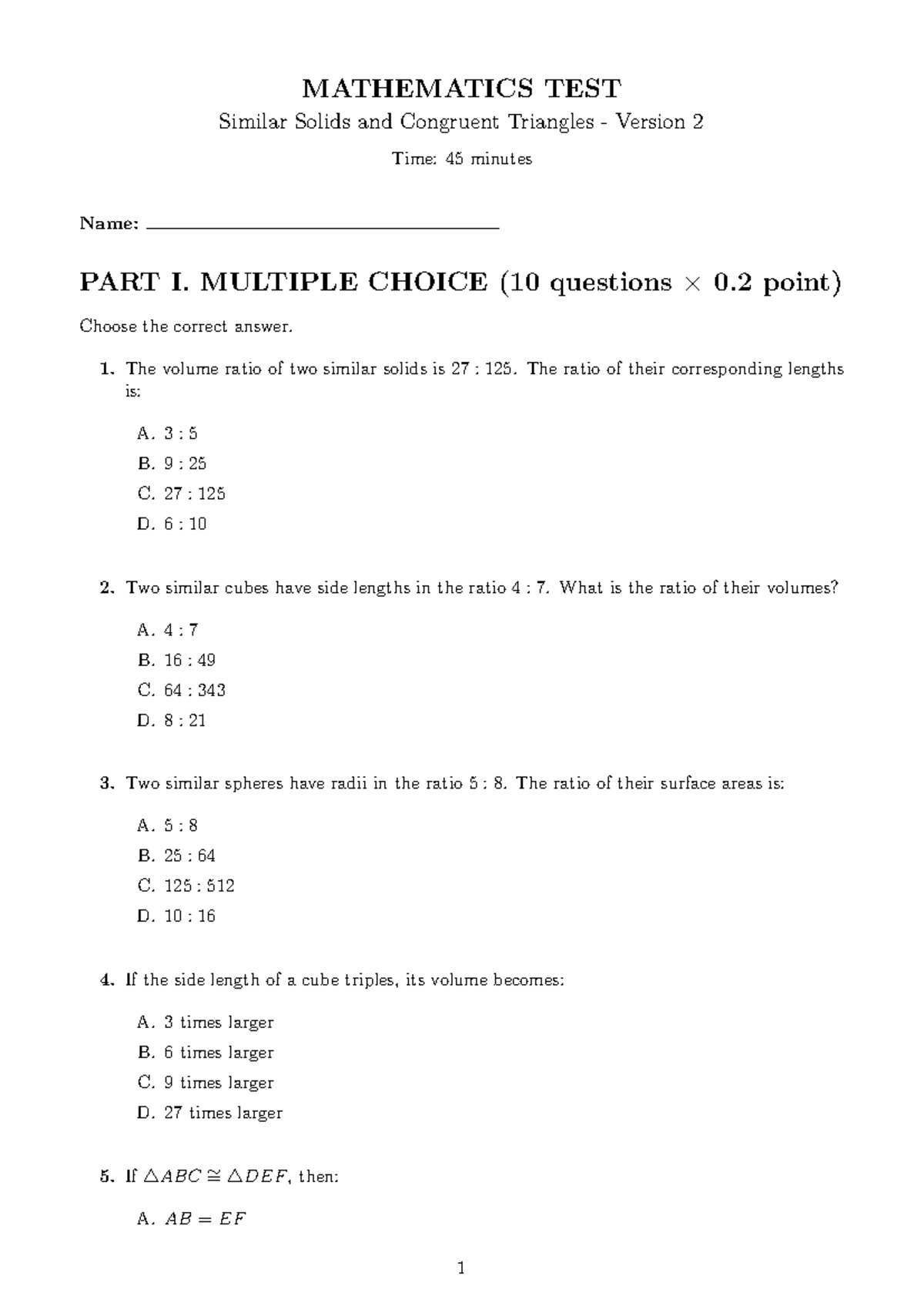 MATHEMATICS TEST: Similar Solids & Congruent Triangles (Version 2 ...