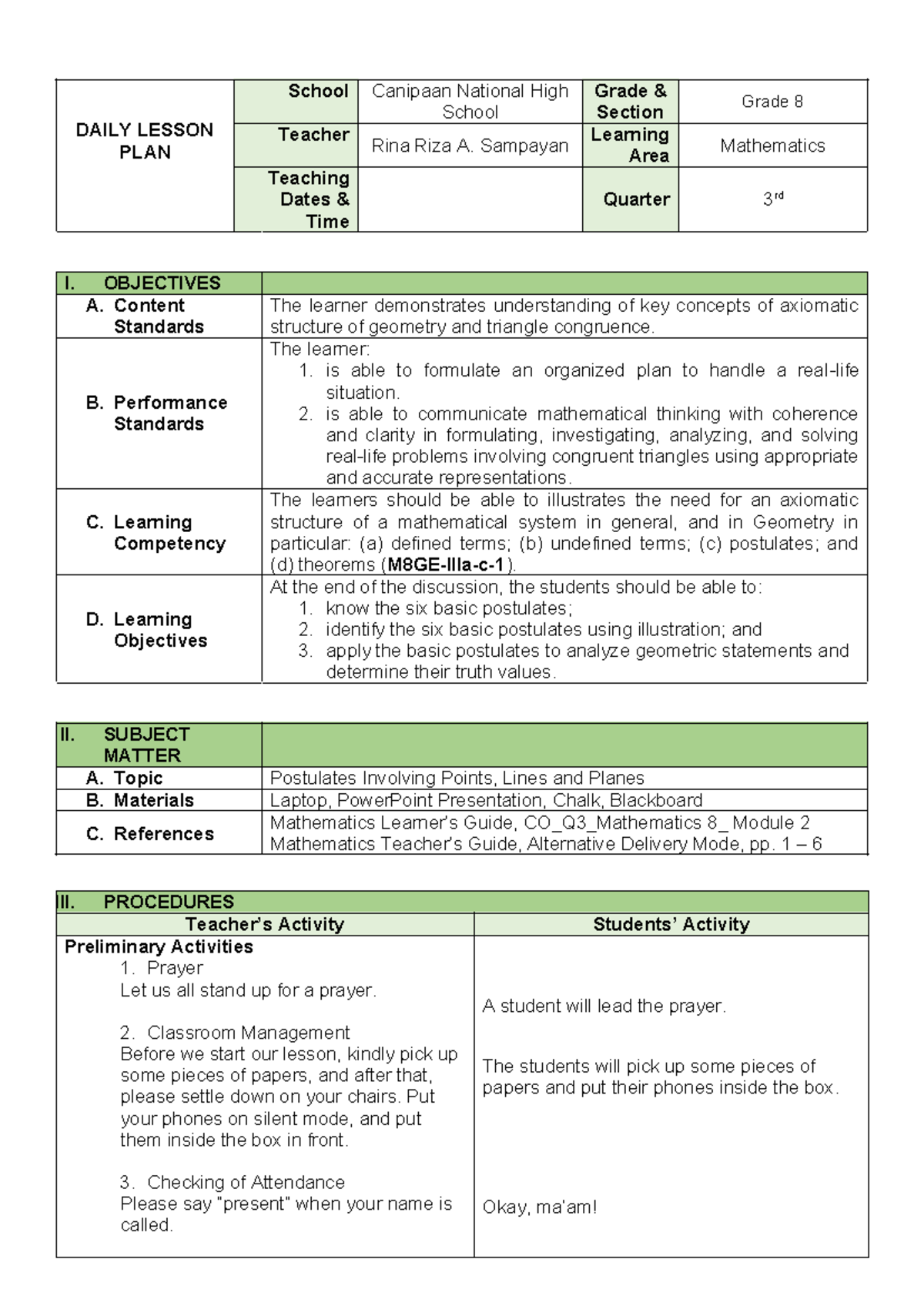 Grade 8 Math Lesson Plan Q3 Mod 2: Geometry & Triangle Congruence - Studocu