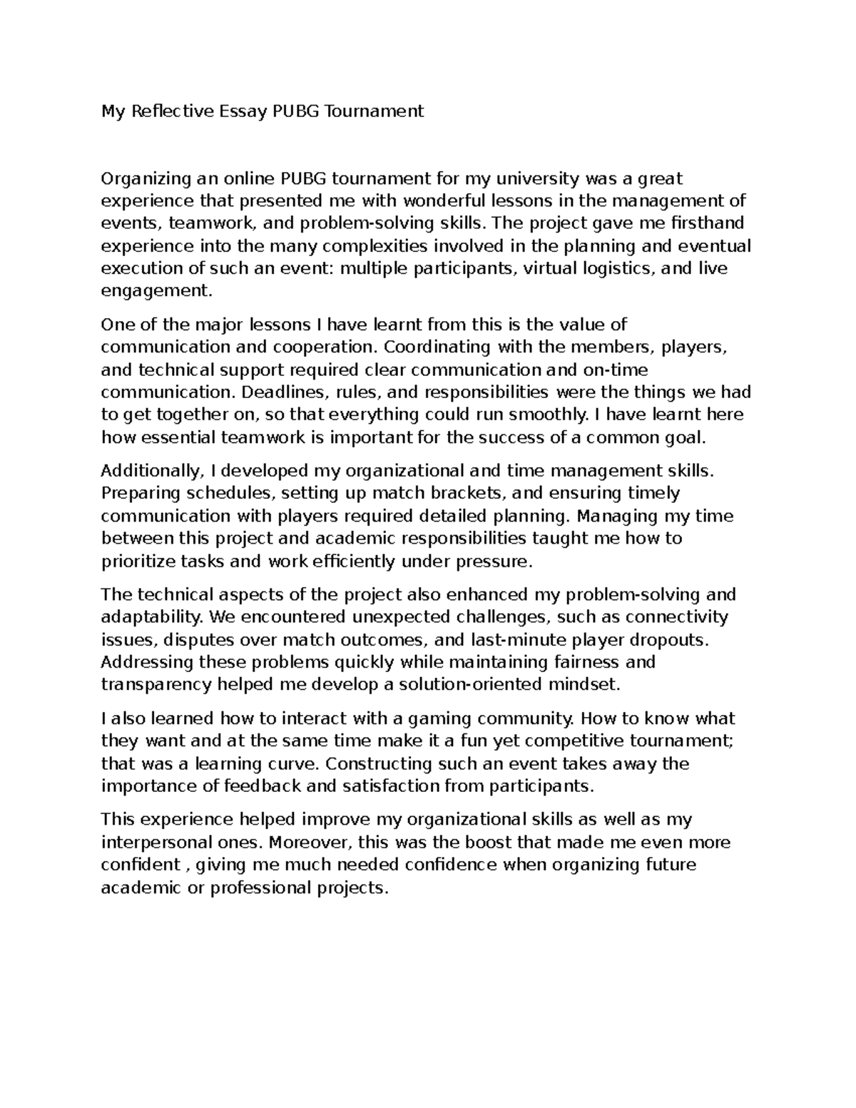 Cece2 - co curricular work - My Reflective Essay PUBG Tournament ...