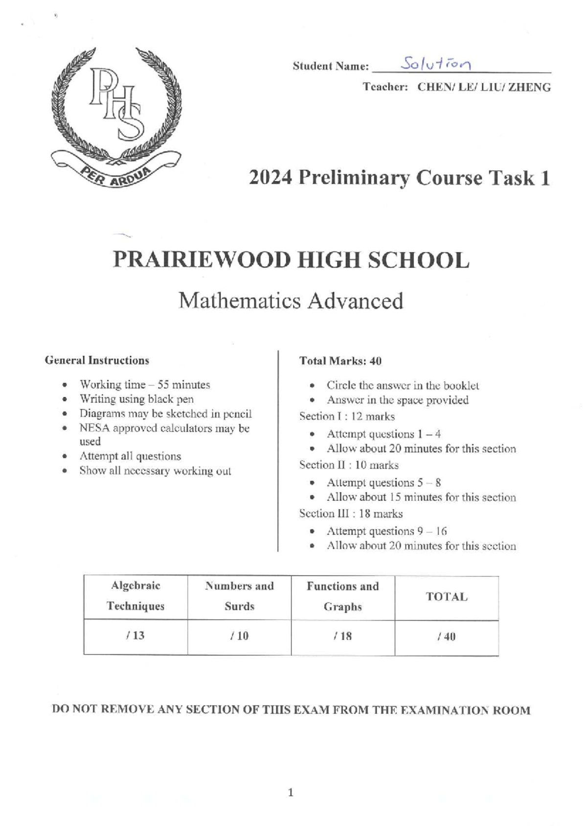 2024 Preliminary Mathematics Advanced AT1 Solutions Guide - Studocu