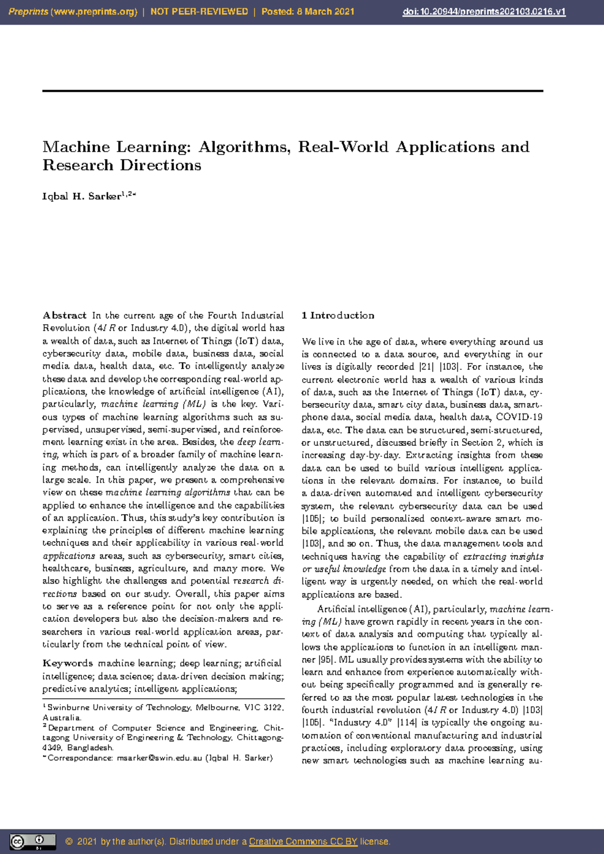 Machine Learning: Algorithms, Applications & Research Directions (ENGR ...