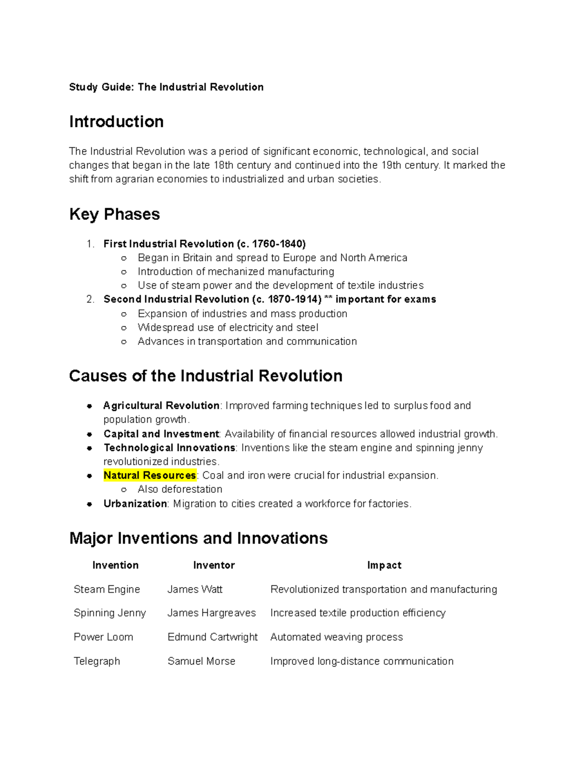 HIS - Industrial Revolution Notes - Study Guide: The Industrial ...