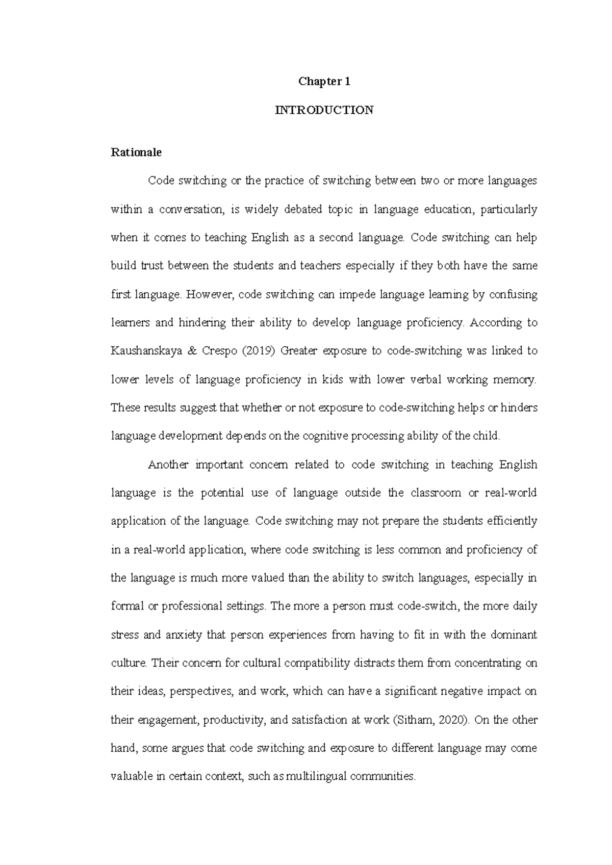 Qualitative Thesis: Effects of Code Switching on ESL Learning (Ch. 1-5 ...