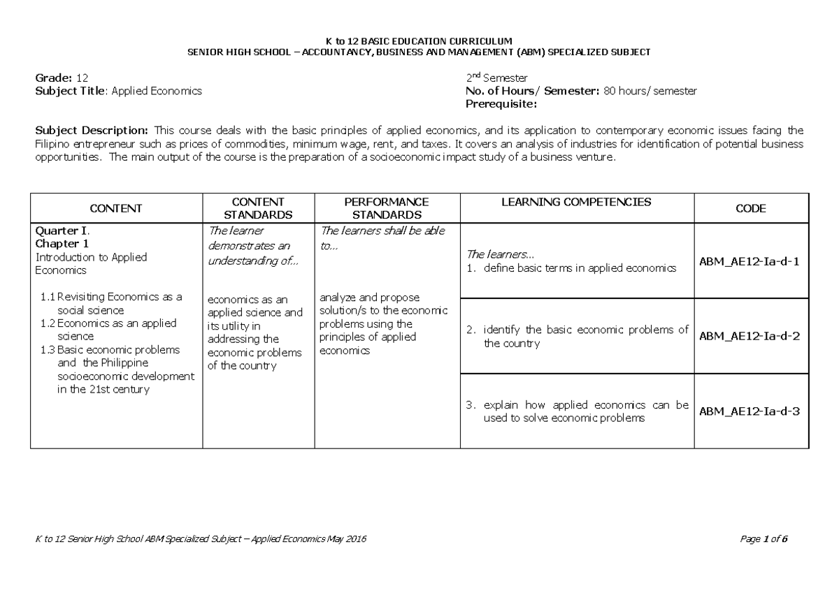 Applied Economics: ABM Grade 12 Course Overview & Learning Competencies ...
