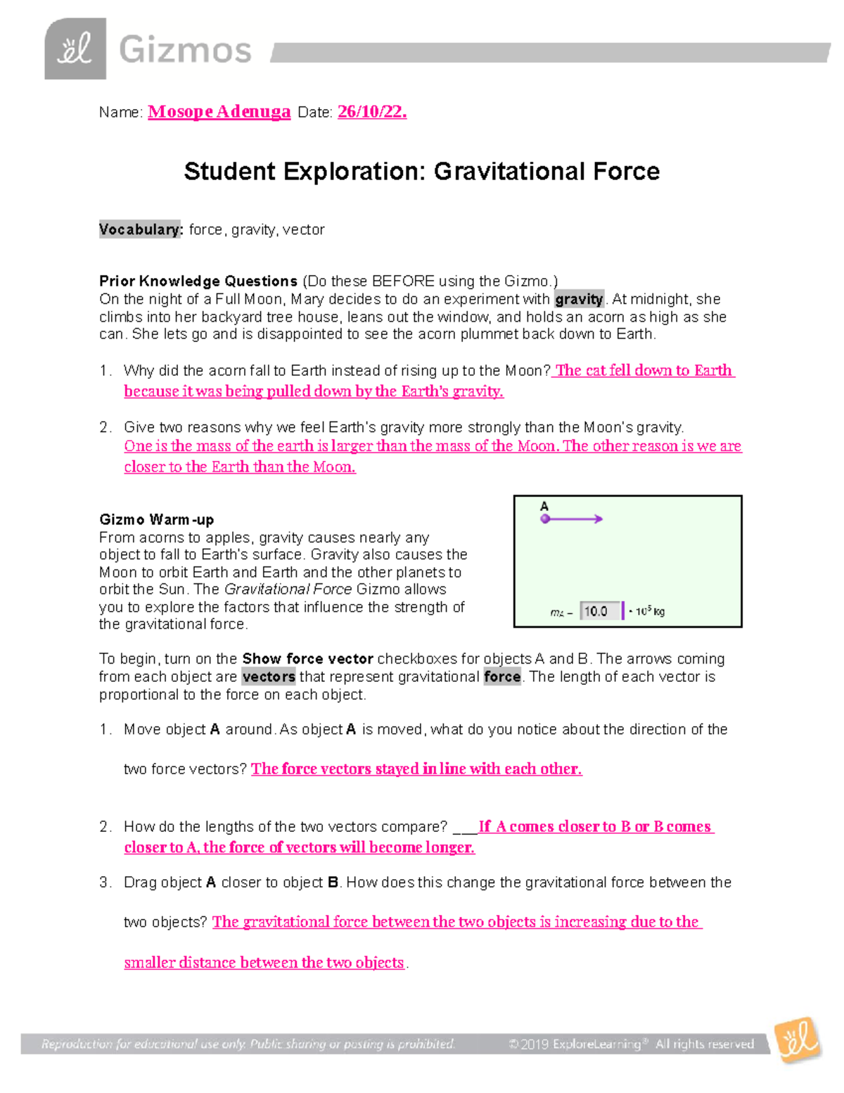 Exploring Gravitational Force: Student Exploration SE - Studocu