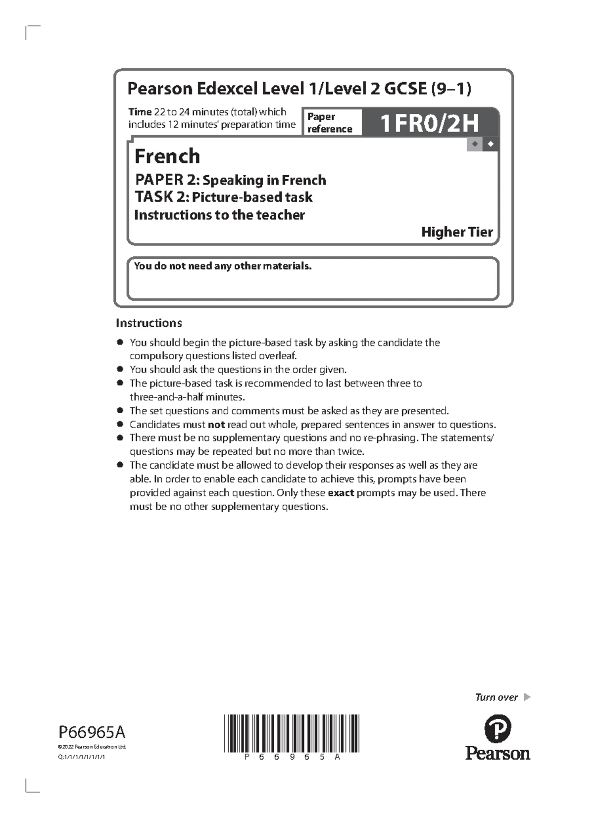 P66958 GCSE French 1FR0/2F 1FR0/2H Speaking Assessment Guide 2022 - Studocu