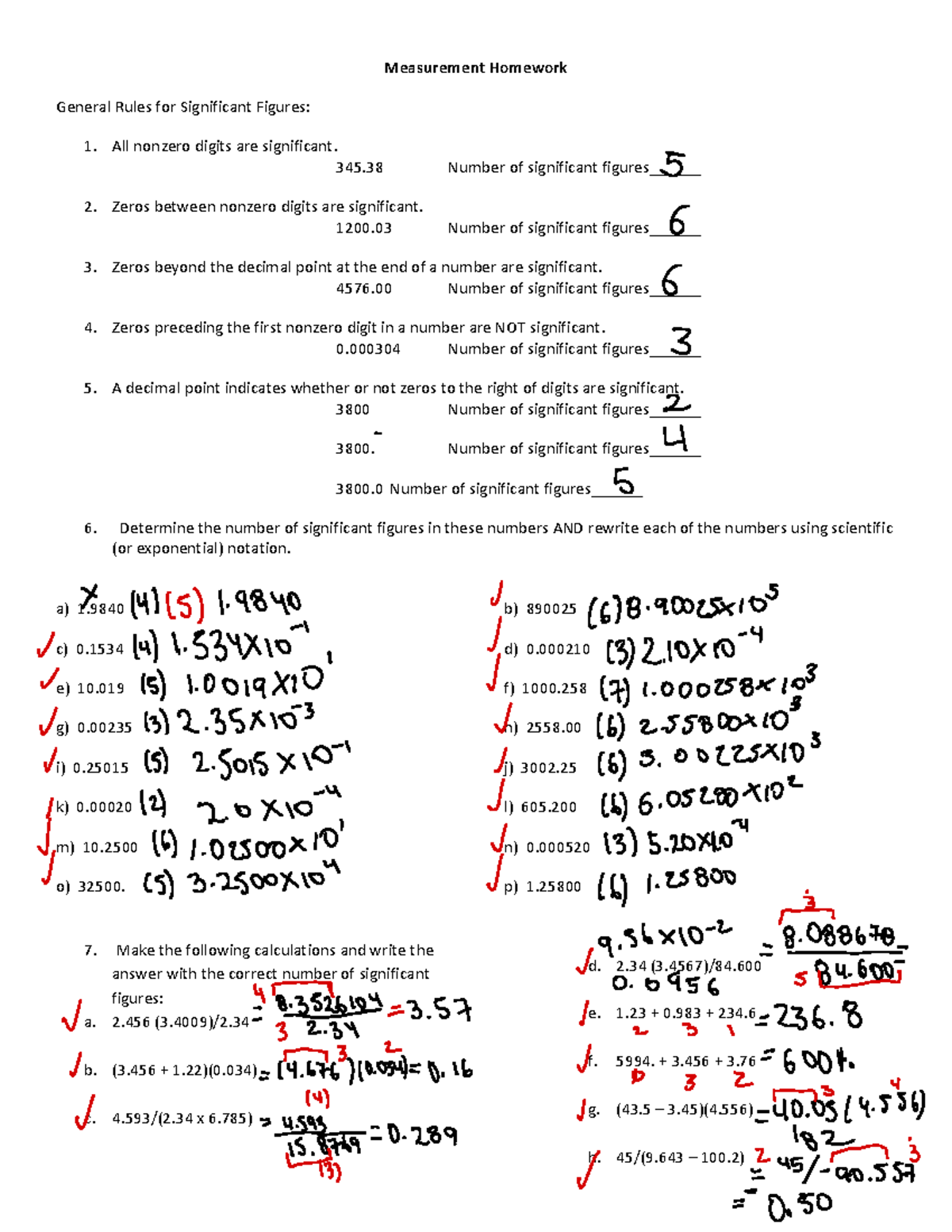 Measurement Homework: General Rules for Significant Figures and ...