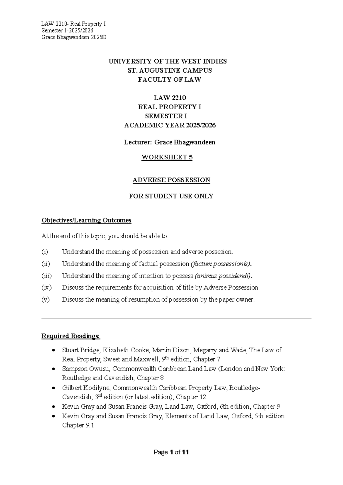 LAW 2210 Real Property I - Worksheet 5: Adverse Possession Insights ...