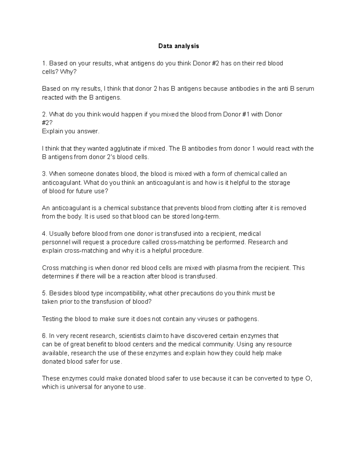 Blood type lab - Data analysis 1. Based on your results, what antigens do you think Donor has on ...