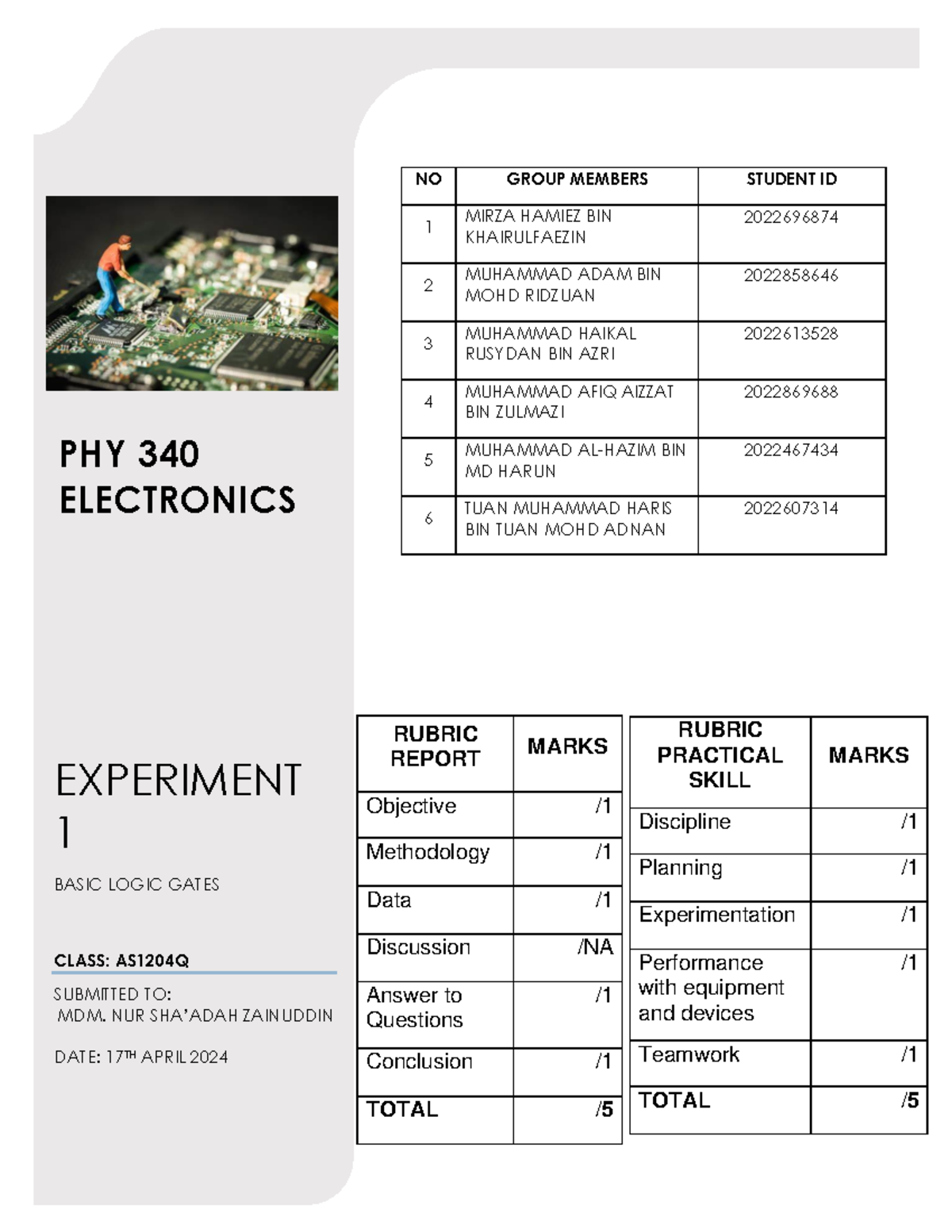 LAB PHY340 - Experiment 1 Report on Basic Logic Gates and Analysis ...
