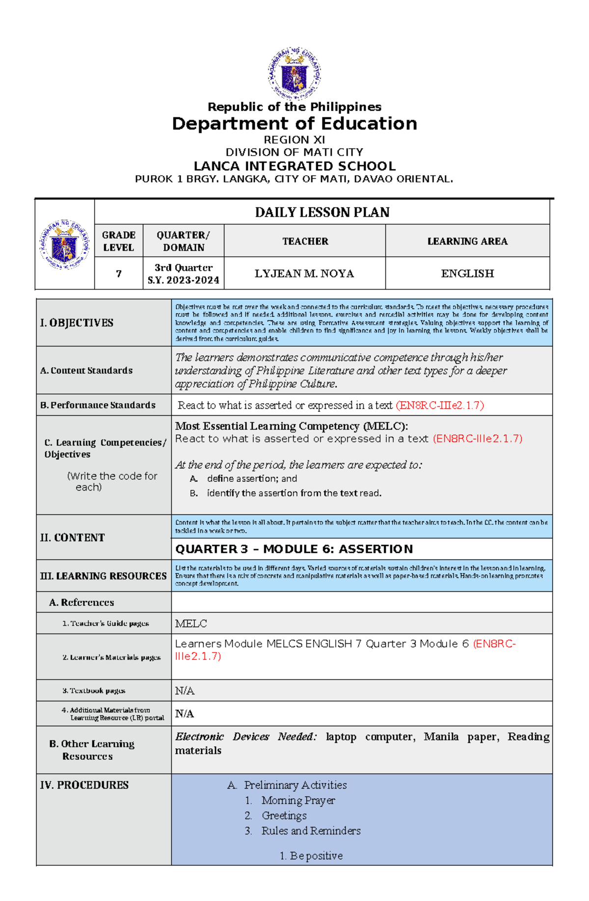Lesson Plan EN7 - Scanning and Skimming Techniques (3rd Qtr) - Studocu