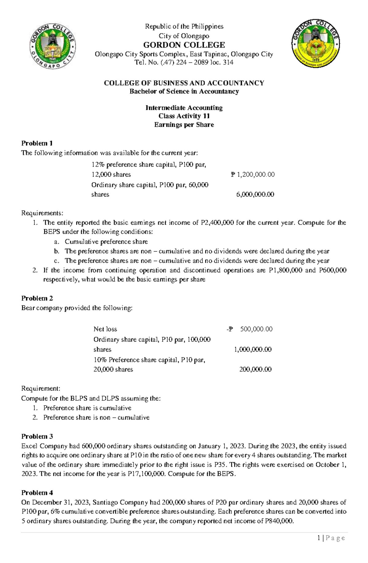 Chapter 9: Earnings Per Share Problems - BSA 101 - Studocu