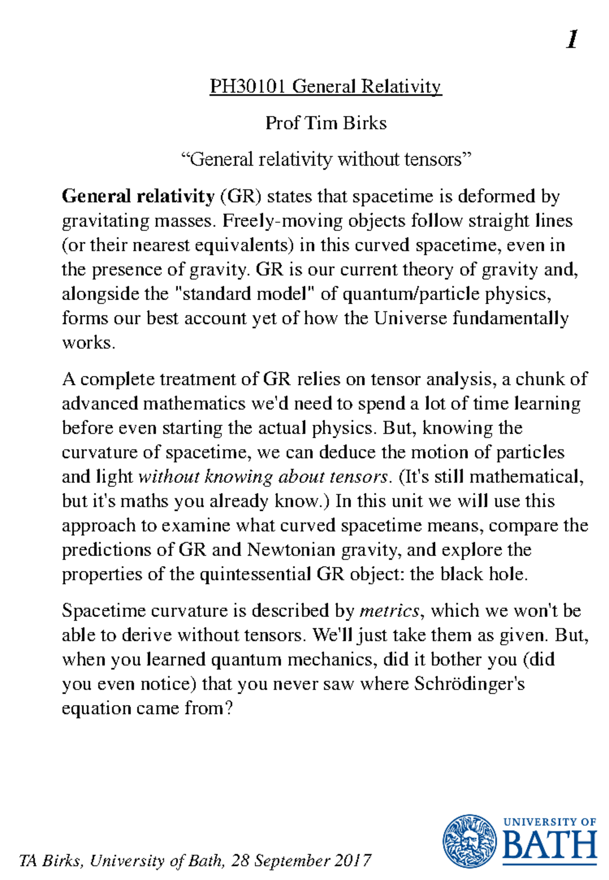 PH30101 Lecture Notes (ALL) - 1 PH30101 General Relativity Prof Tim ...