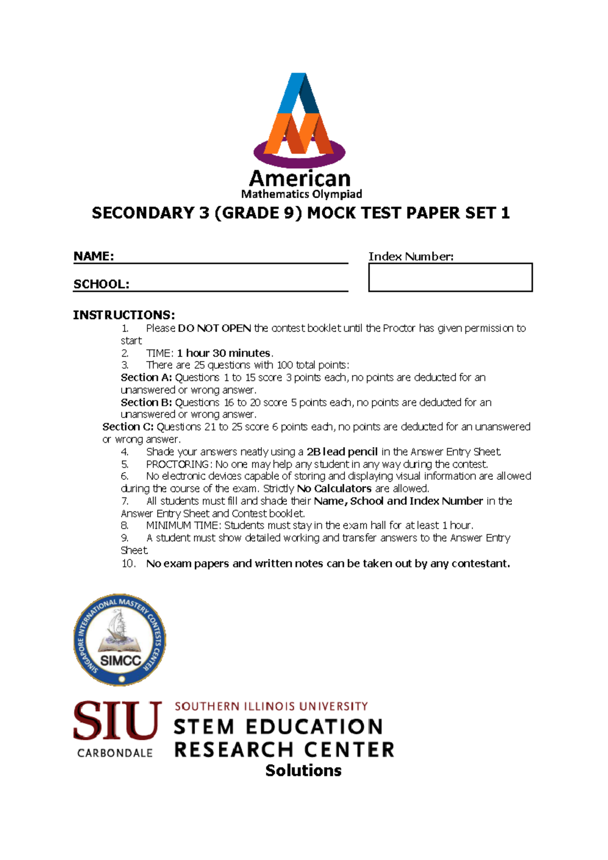 Grade 9 Mathematics Mock Test Paper Set 1 (AMO) - Studocu
