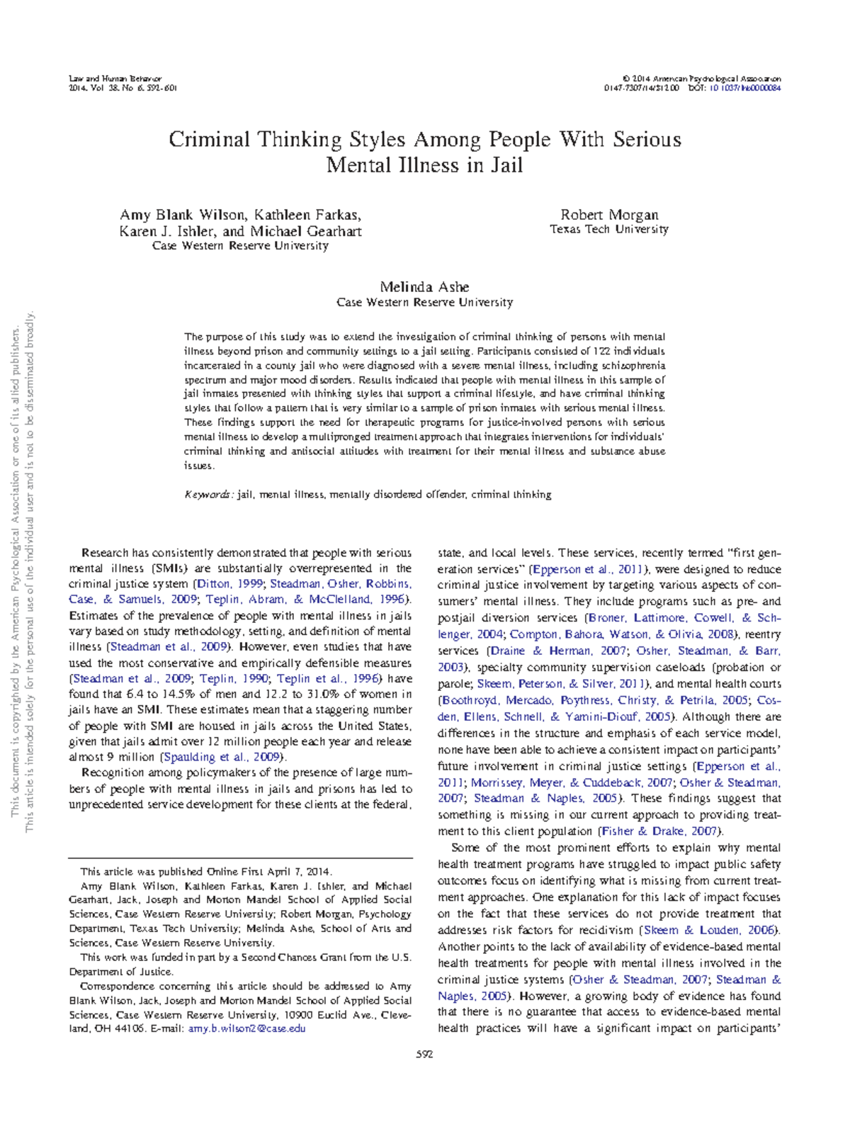 Criminal Thinking Styles and Serious Mental Illness in Jail: A Study ...