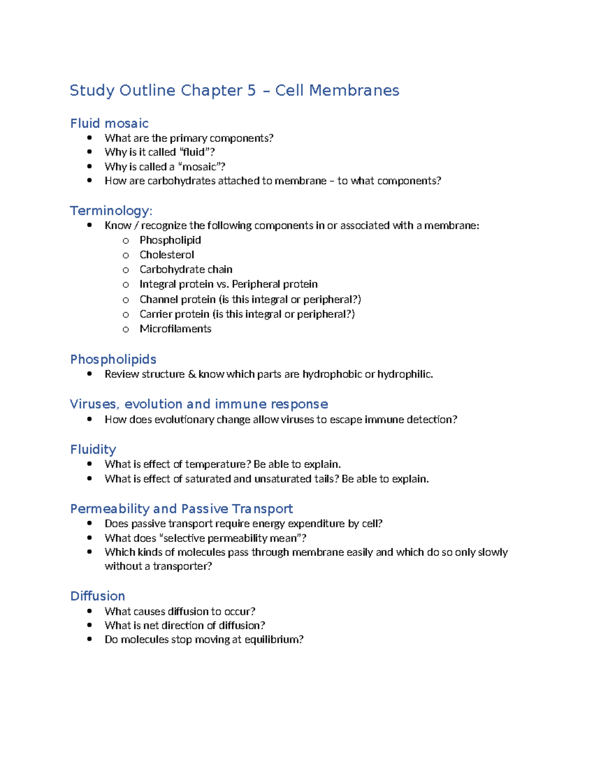Study Outline for Chapter 5: Cell Membranes (BIO 101) - Studocu