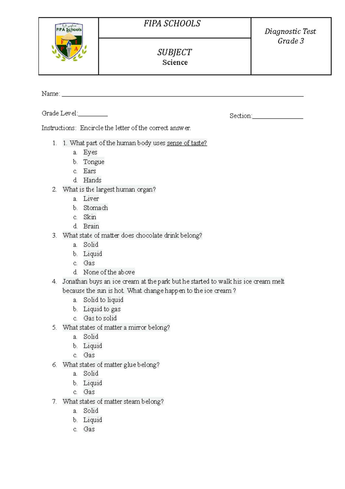 Diagnostic Test - Science for Grade 3 (Science 3) - Studocu