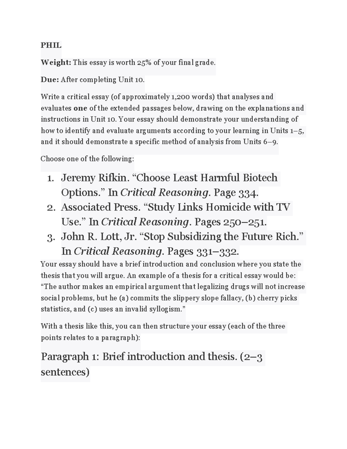 PHIL-3 Critical Essay Guidelines on Argument Analysis - Studeersnel