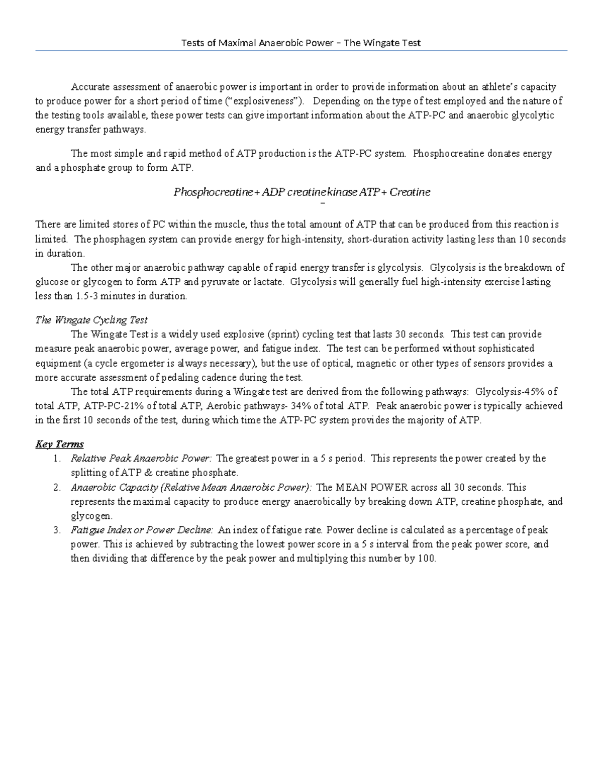Wingate Test Analysis: Maximal Anaerobic Power Assessment - Studocu