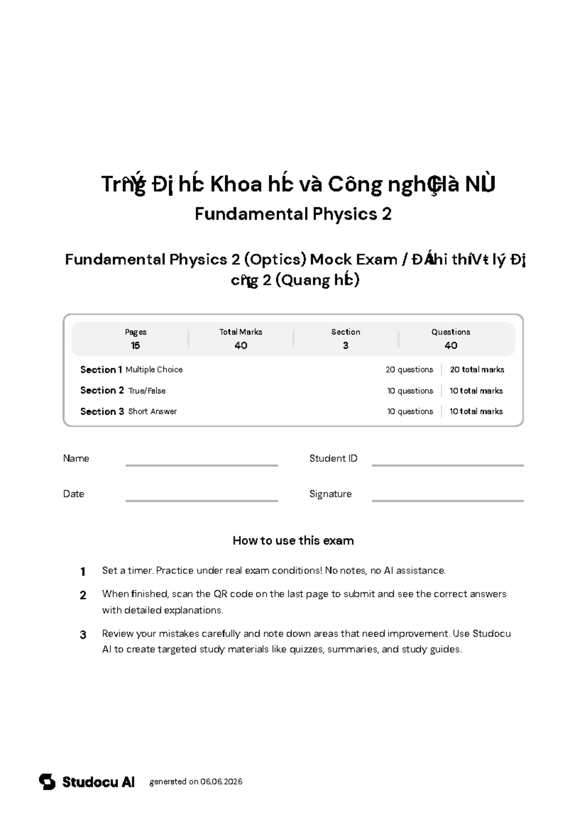 Fundamental Physics 2 (Optics) Mock Exam - Studocu