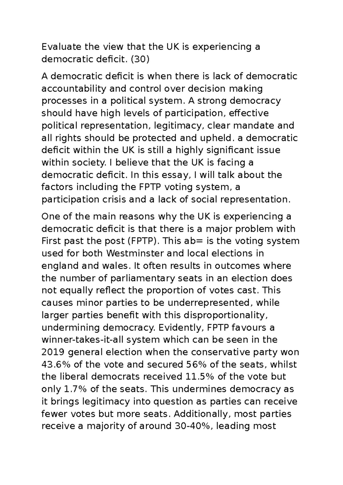 UK Democratic Deficit: Analysis of Factors and Implications (30 Mark ...