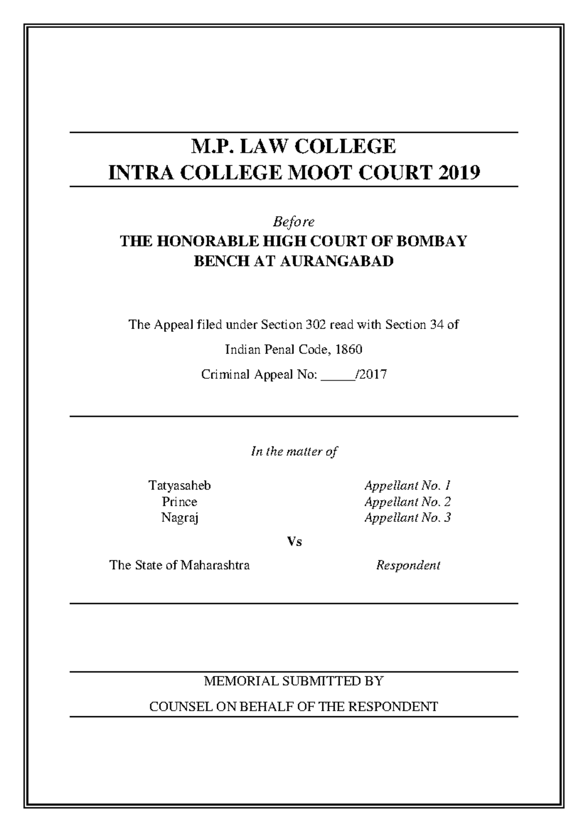 Moot memorial for respondent ipc sec 302 r w sec 34 - M. LAW COLLEGE ...