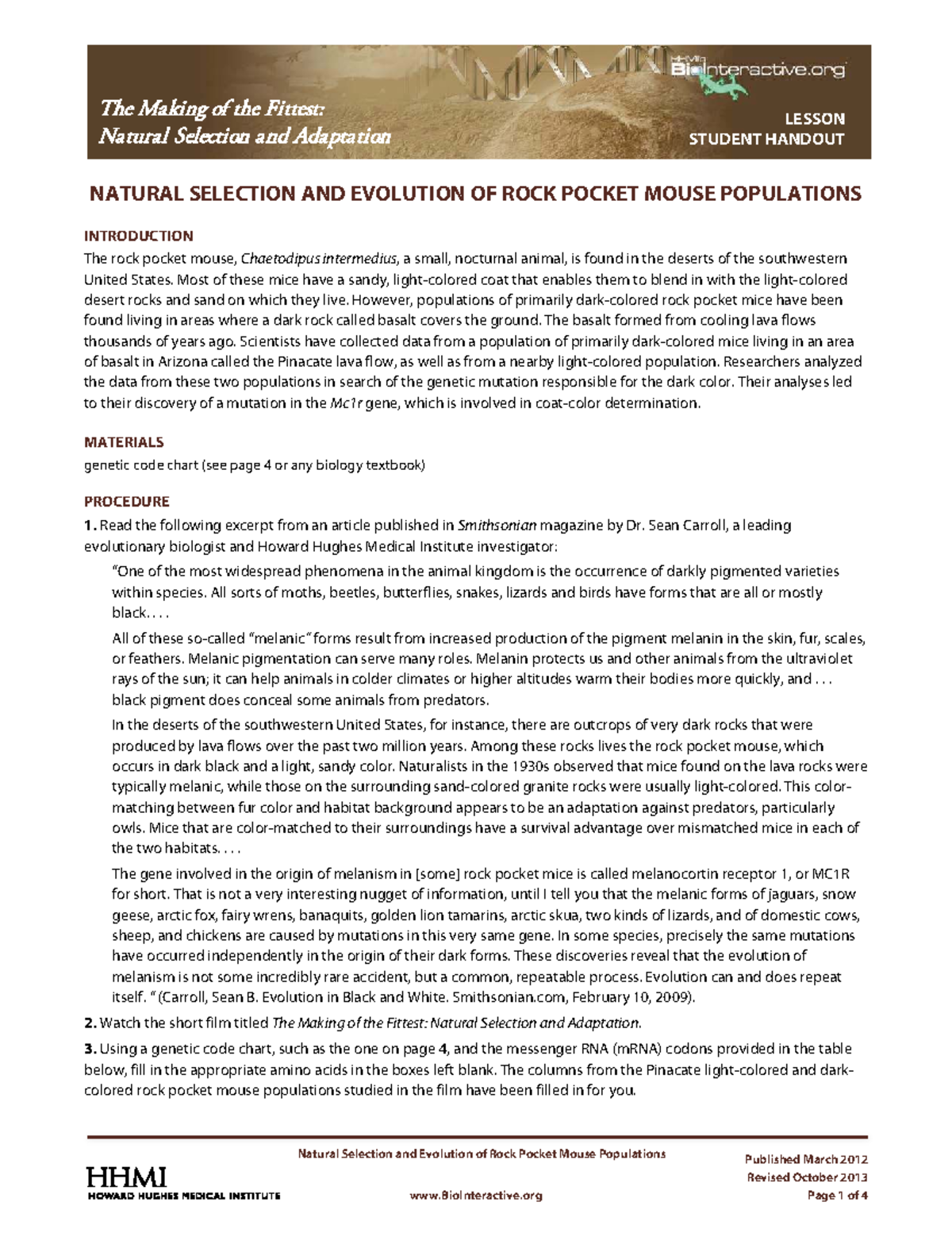 Mouse Natural Selection: Adaptation & Mc1r Gene Insights LESSON - Studocu