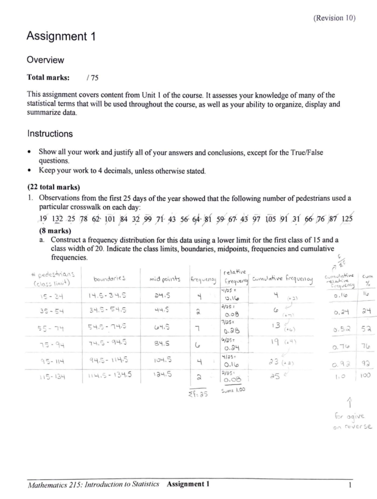Mathematics 215: Assignment 1 Overview and Data Analysis - Studocu