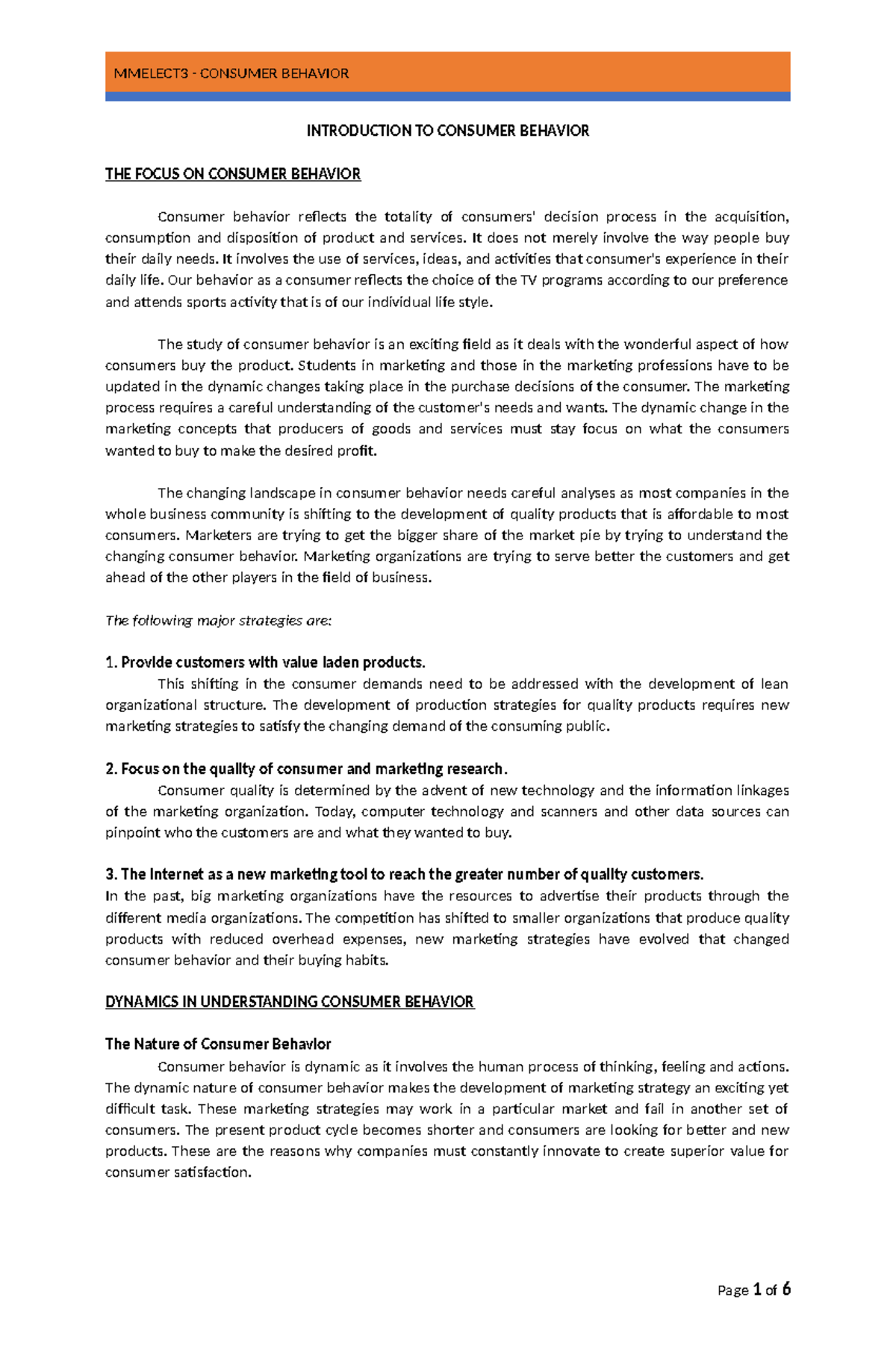 MMELECT3 Consumer Behavior: Understanding Dynamics and Strategies - Studocu