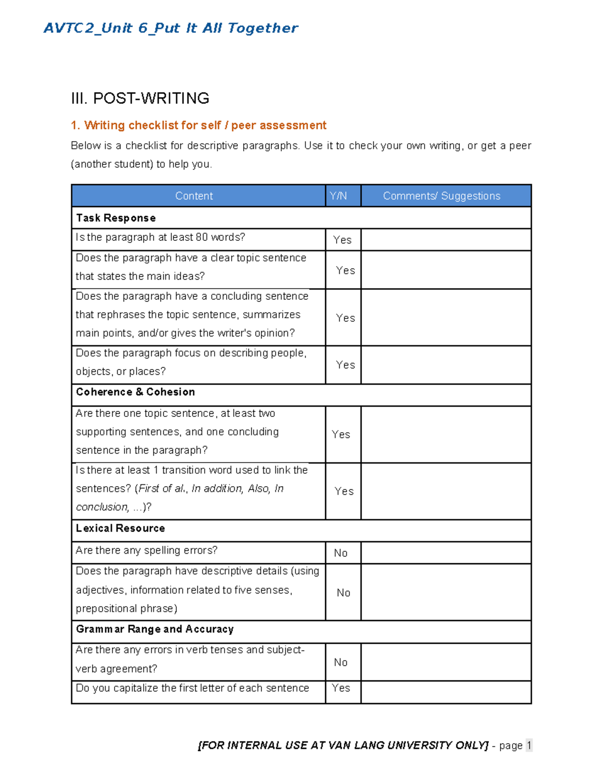 AVTC2_Unit 6_Descriptive Paragraphs Writing Checklist - Studocu