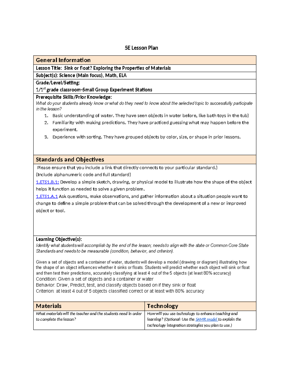 5E Lesson Plan: Sink or Float? Exploring Material Properties in Science ...