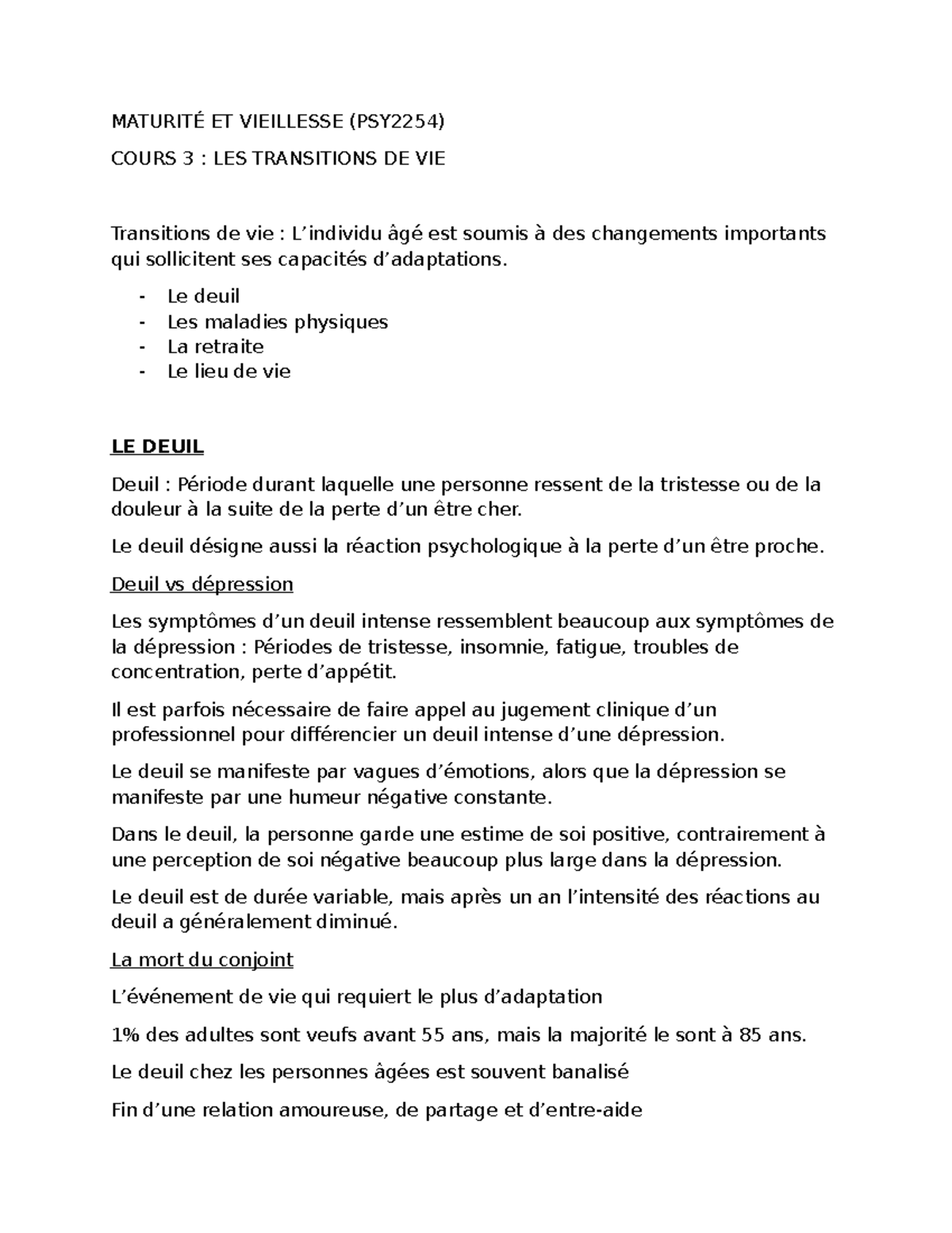 Cours 3 - Les transitions de vie - MATURITÉ ET VIEILLESSE (PSY2254 ...