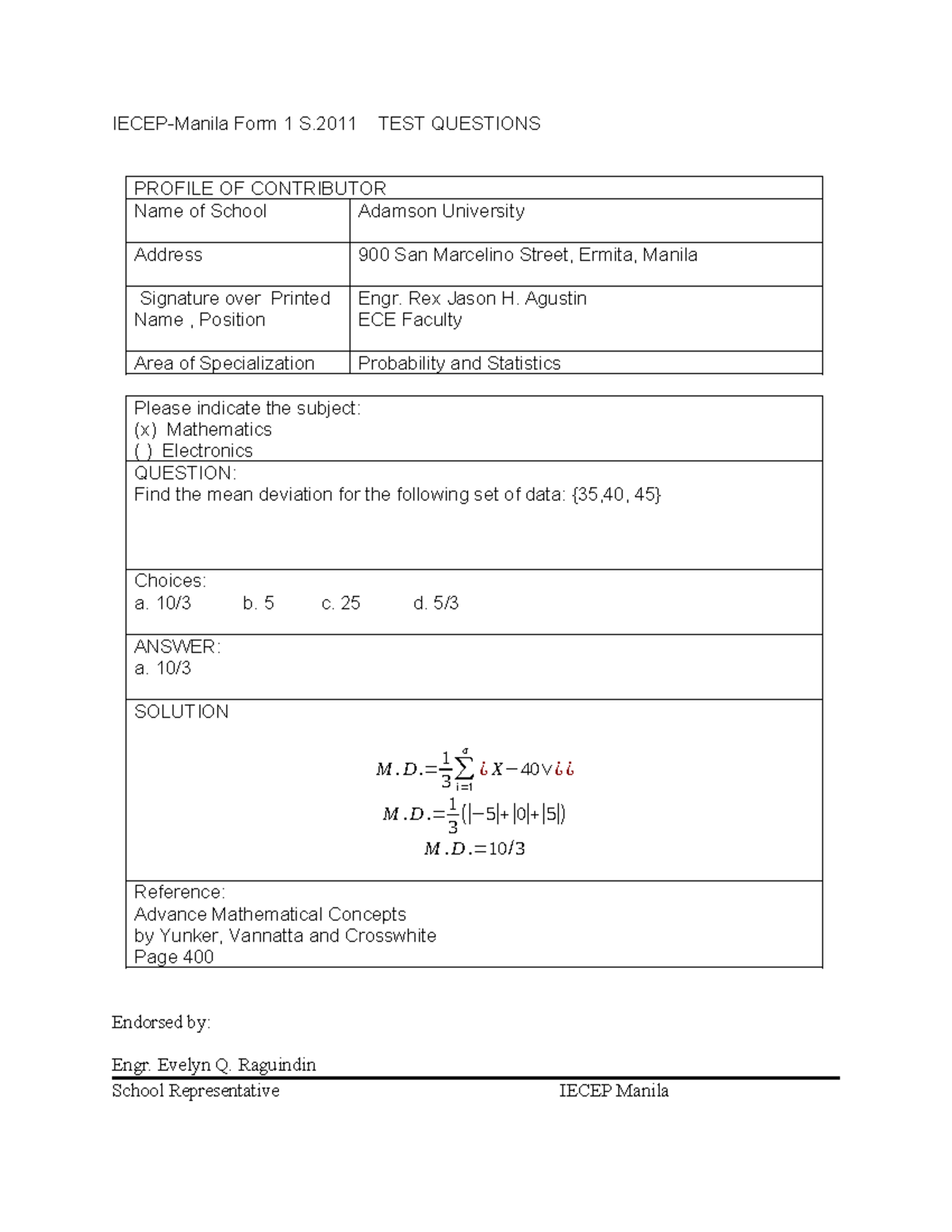 Form 1 S.2011 ECE Probability and Statistics Test Questions - Studocu