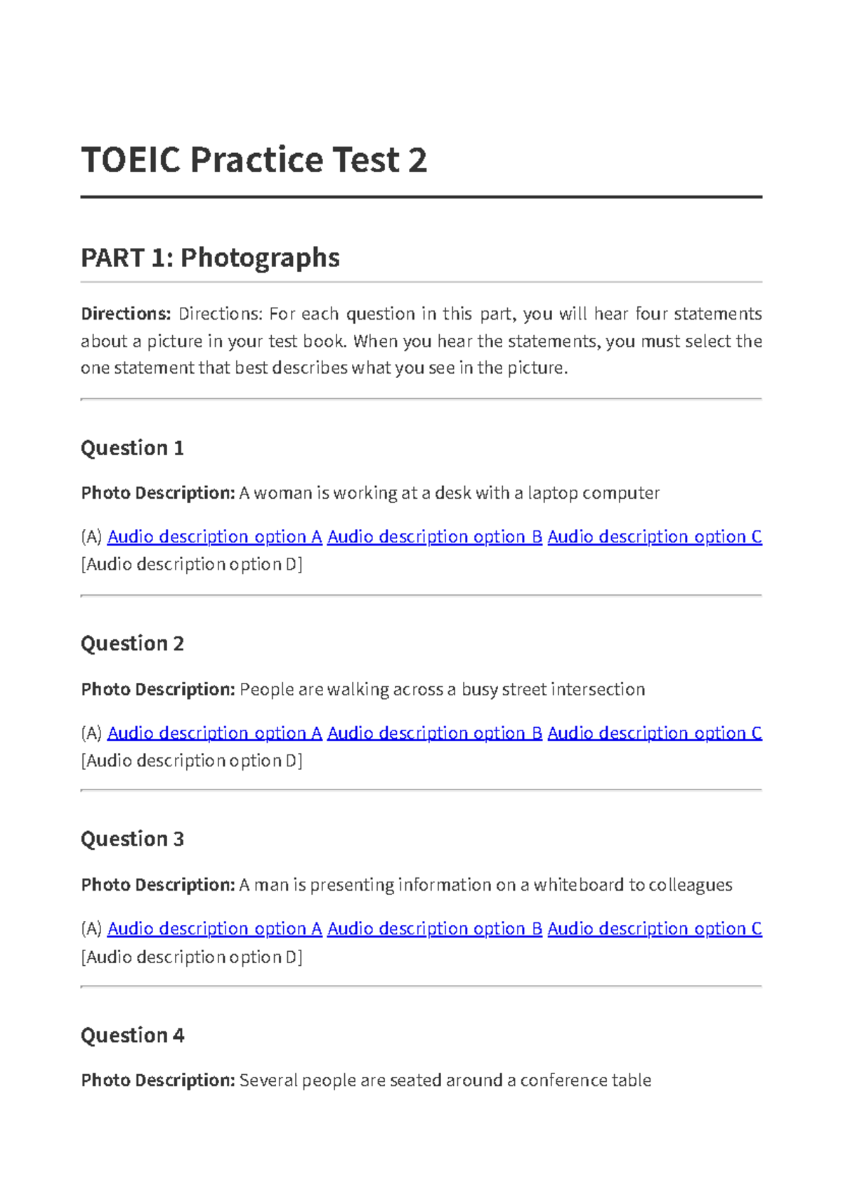 TOEIC Practice Test 2: Part 1 - Photo Descriptions - Studocu