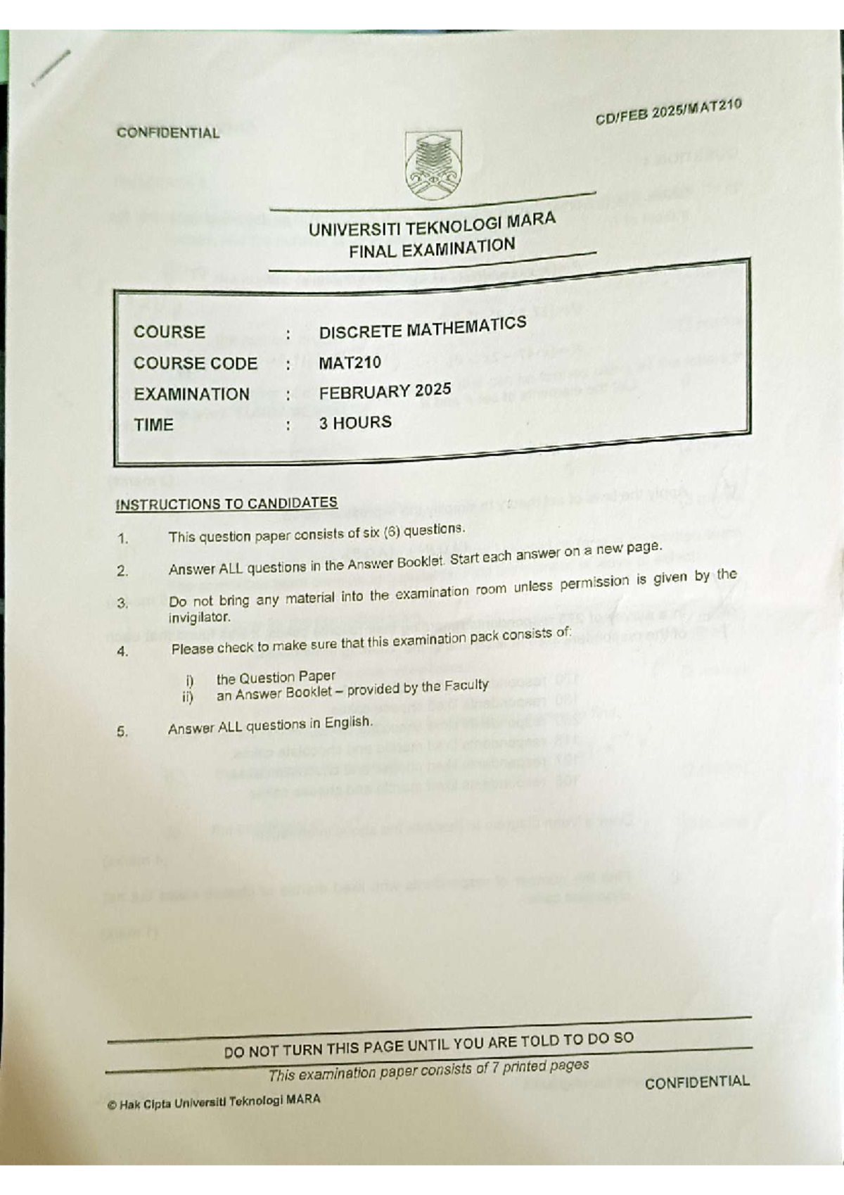 PAST PAPER DISCRETE MATH FEBRUARY 2025 - CONFIDENTIAL UNIVERSITI ...