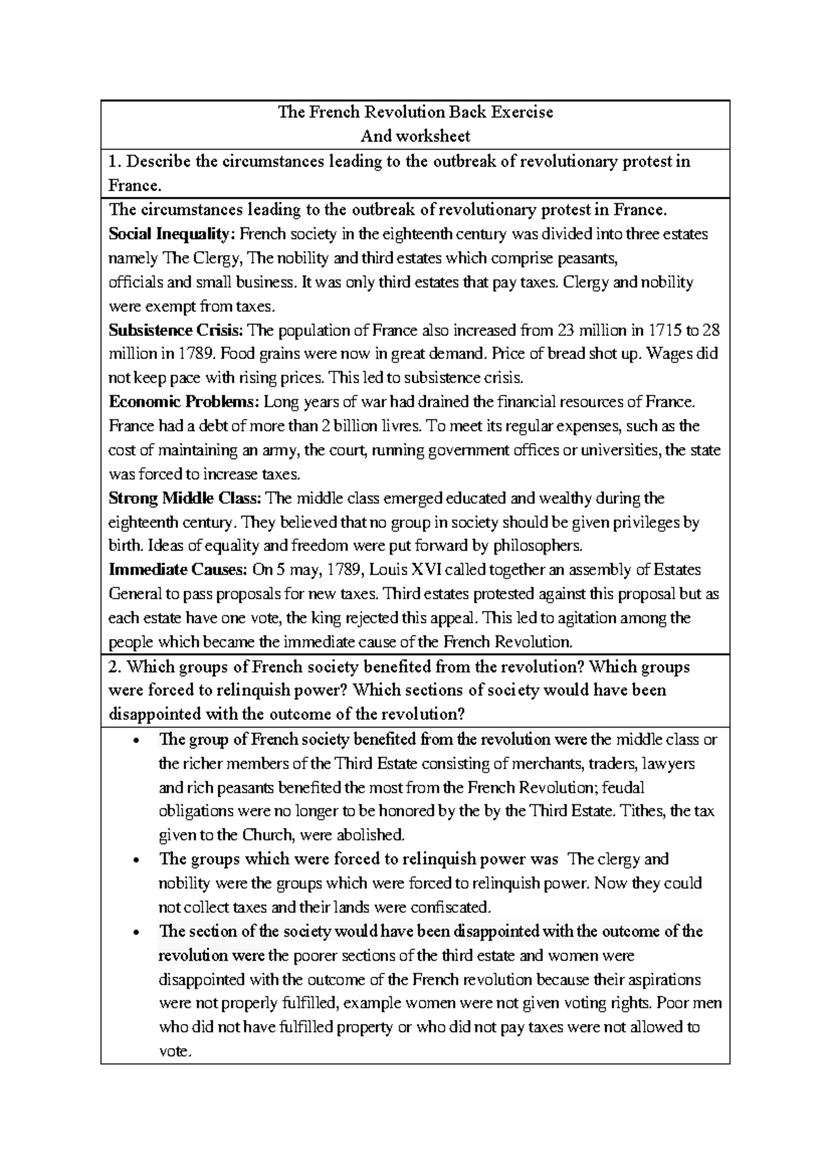 The French Revolution Back Exerrcise and Worksheet - Describe the ...