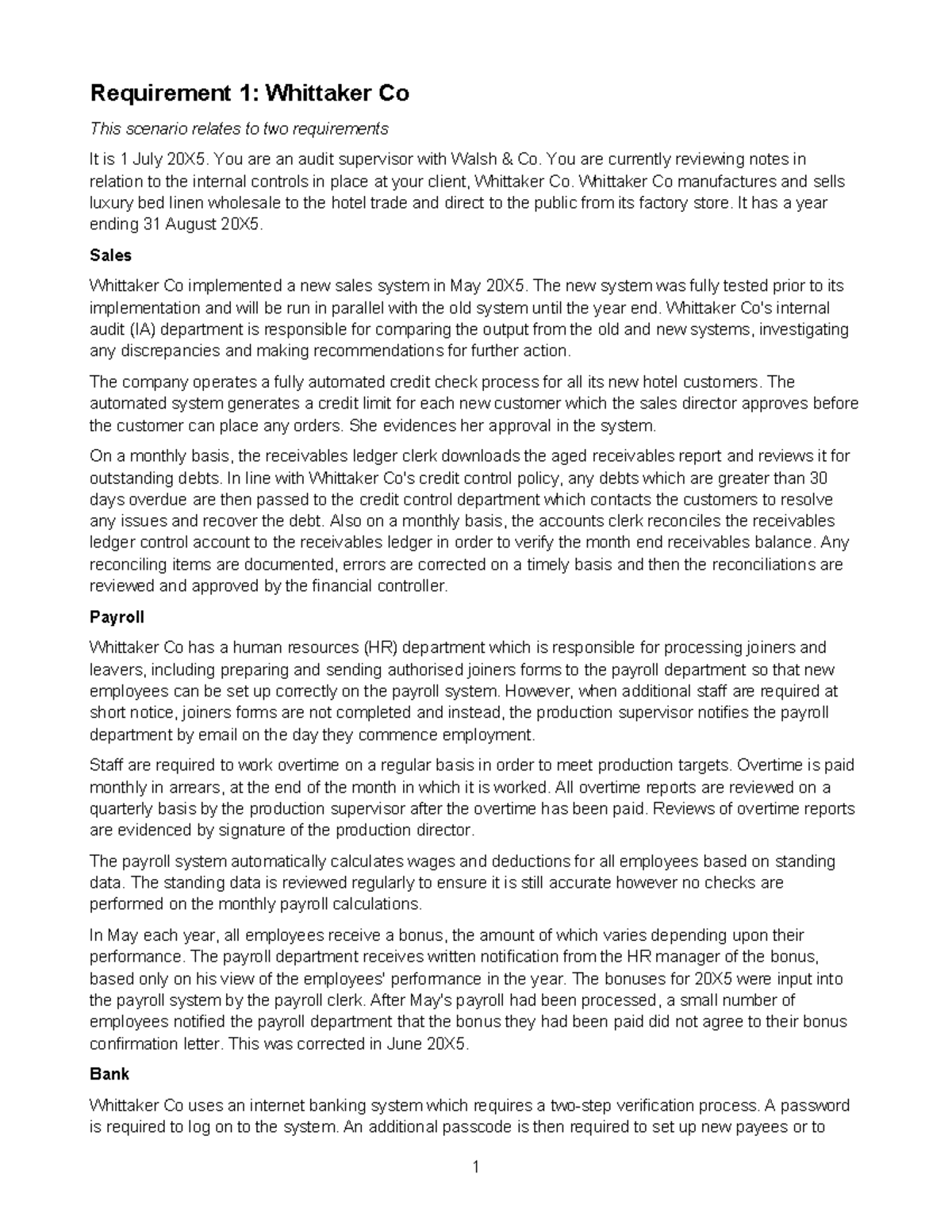 Whittaker Co Internal Control Review - Audit Requirement 1 - Studocu