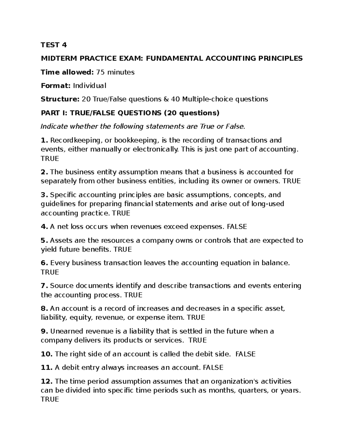 Midterm Practice Exam: TEST 4 on Fundamental Accounting Principles ...