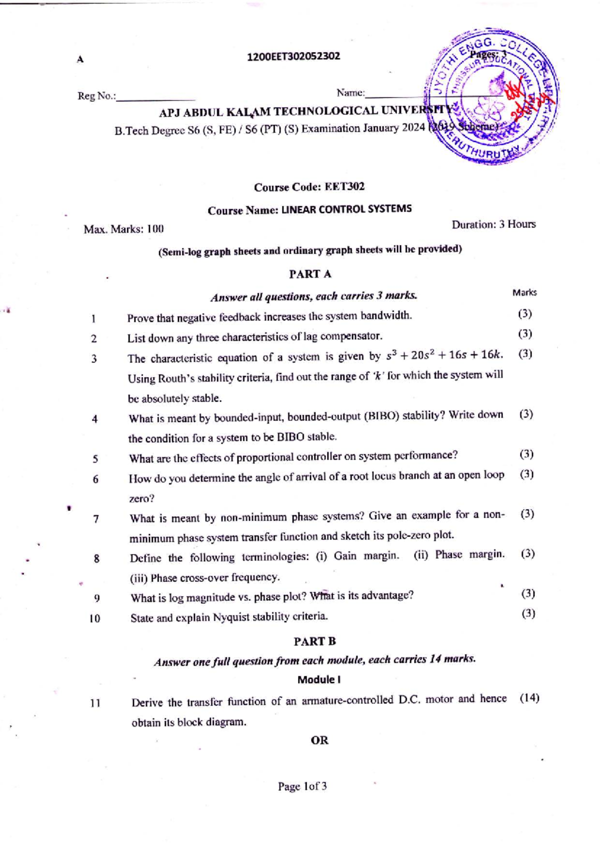 EET302 Linear Control Systems Final Exam Notes - January 2024 - Studocu